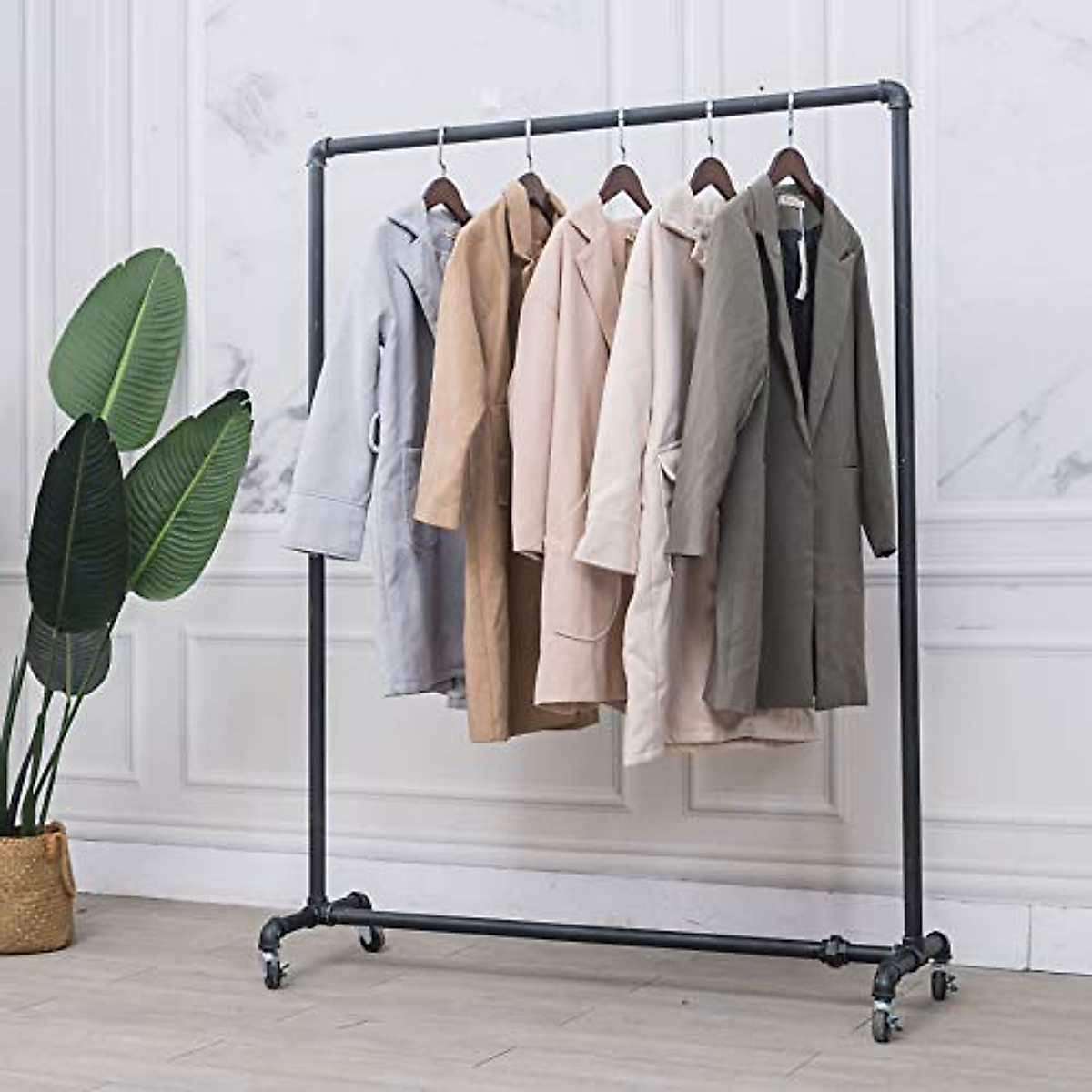 Tianman (47" Wx63 Tx16 D) Industrial Pipe Clothing Rack,Vintage Commercial Grade Pipe Clothes Racks,Rolling Rack for Hanging Clothes Retail Display,Heavy Duty Steampunk Iron Ballet Garment Racks