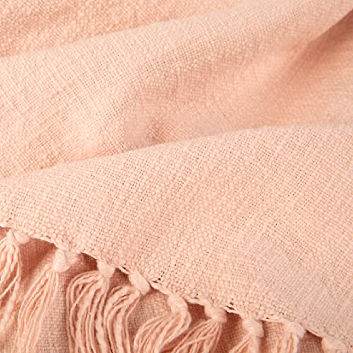Sticky Toffee Blush Pink Woven Cotton Throw Blanket with Fringe, Textured Throw Blankets, Thick and Durable Decorative Throw, Oeko-Tex Cotton, 50 in x 60 in