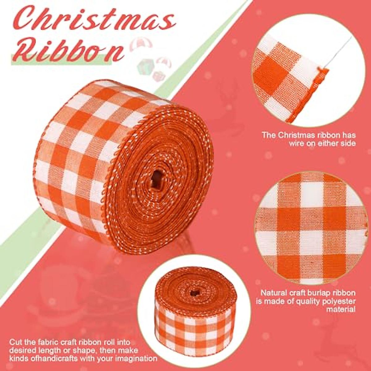 2 Inch 6.5 Yards Thanksgiving Christmas Buffalo Plaid Ribbons Rolls Wired Edge Gingham Ribbon for Crafts Bow Making Floral Wreath Garland Supplies(Orange and White)