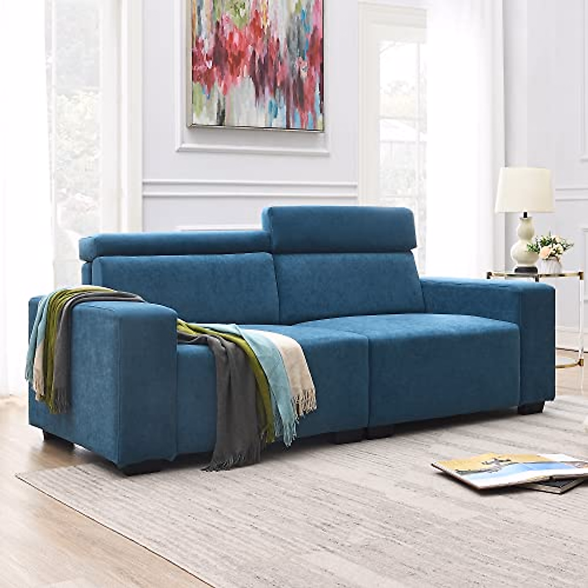 Bellemave Upholstered Sofa Couch 2-Seater Sectional Sofa Couch Velvet Loveseat with Multi-Angle Adjustable Headrest, Spacious and Comfortable for Living Room, Apartment, Office (Light Blue)