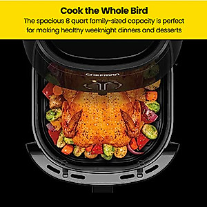 Chefman TurboFry 8-Quart Air Fryer, Integrated 60-Minute Timer for Healthy Cooking, Cook with 80% Less Oil, Adjustable Temperature Control, Nonstick Dishwasher-Safe Basket and Tray, Black