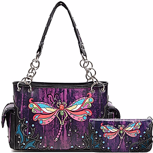 Colorful Dragonfly Western Style Spring Rhinestone Studded Purse Leather Country Handbag Women Shoulder Bag Wallet Set (#2 Purple)