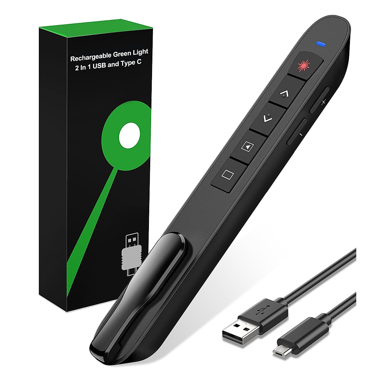 Presentation Clicker Green Laser Pointer, Rechargeable PowerPoint Clicker Wireless Presenter Remote, RF 2.4GHz USB Presentation Pointer Slide Advancer with Hyperlink Volume Control for Mac Computer