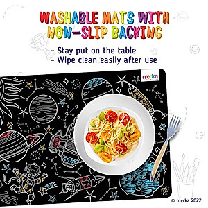merka Coloring Placemats for Kids Placemats Kids Coloring Placemats Set of 4 Reusable Mats with 4 Colored Chalks Spaceships Astronauts and The Alphabet