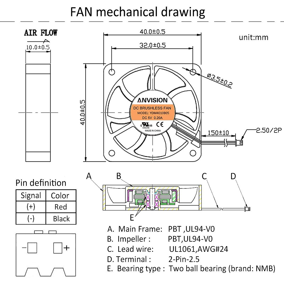 ANVISION 40mm x 10mm DC 5V Brushless Cooling Fan, Dual Ball Bearing, 2-Pin