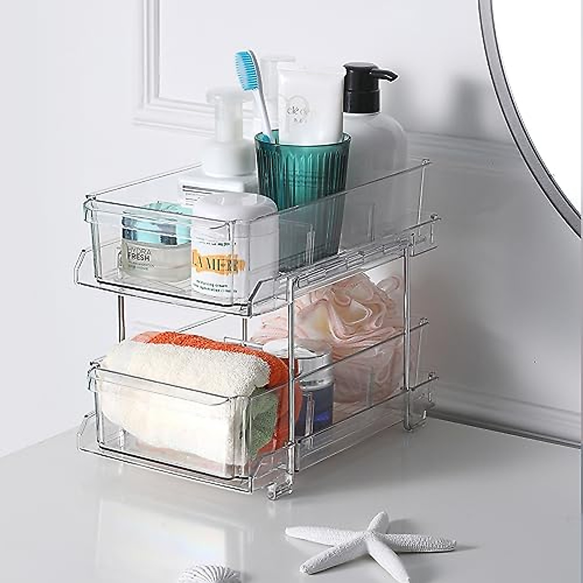 Pomeat 3 Set 2 Tier Clear Bathroom Cabinet Organizer with Dividers, Pull Out Bathroom Organizer Under Sink Organizers and Storage, Multi-Purpose for Kitchen Pantry Medicine Cabinet Organizer