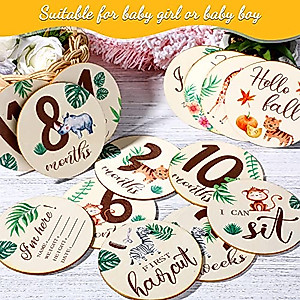 16 Pieces Wooden Baby Monthly Milestone Cards Jungle Animal Baby Monthly Milestone Marker Discs Double Sided Safari Animal Wooden Circles Baby Months Signs for Baby Shower Newborn Photo Props