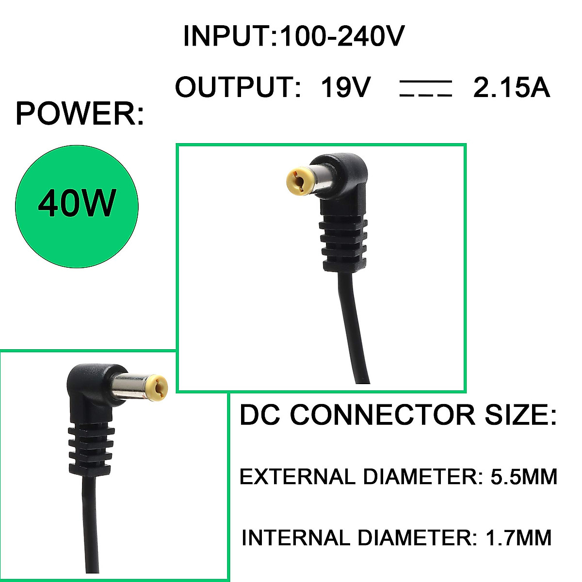 19V 2.15A 40W AC Power Adapter Charger for Acer Aspire One A150 A110 AO532h AO722 D150 D250 D255 D260 D270 KAV60 NAV50 PAV70 ZA3 Chromebook C7 C710 PA-1300-04 DP-30JH B ADP-40TH AK.040AP.024