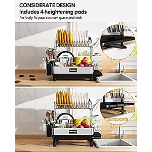 BOOSINY Dish Drying Rack with Drainboard Set, 304 Stainless Steel Dish Rack, 2 Tier Extra Large Dish Drainer with Cup Holder and Utensil Holder for Kitchen Counter of Big Family