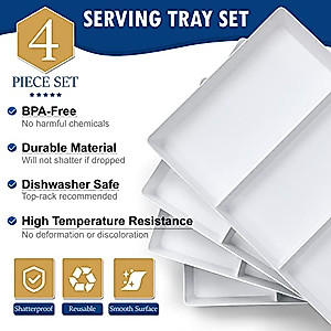 4 Pack, 16" x 11", 3-Section Large White Serving Trays Set - Reusable Plastic Serving Platters for Party Food, Cookie, Appetizer, Charcuterie, Snack, Dessert Display, Stackable Kitchen Dish, BPA Free