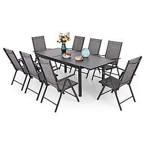 Sophia & William 9 Pcs Patio Dining Set for 6-8 People, Outdoor Folding Furniture Set with Expandable Metal Patio Table and Foldable Textilene Patio Sling Chairs