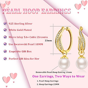 Pearl Hoop Earring Pearl Diamond Earrings Pearl Dangle Earrings Sterling Silver Pearl Earrings for Women Wedding Pearl Earring Huggies Large Gold Pearl Dangling Earring with Pearl 10MM