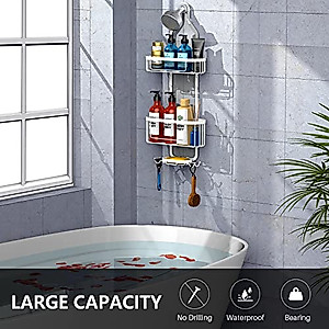 Kadolina Bathroom Hanging Shower Organizer, Over Head Shower Caddy Shower Storage Rack Basket with Hooks for Razor and Sponge Rustproof, White