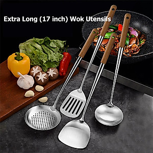 NIITAWH Wok Utensils for Carbon Steel, Stainless Steel Wok Spatula Metal, 4-Pieces 17 Inch Extra Long, Wok Tools Professional Set, Wooden Handle Skimmer, Soup Ladle, Slotted Turner