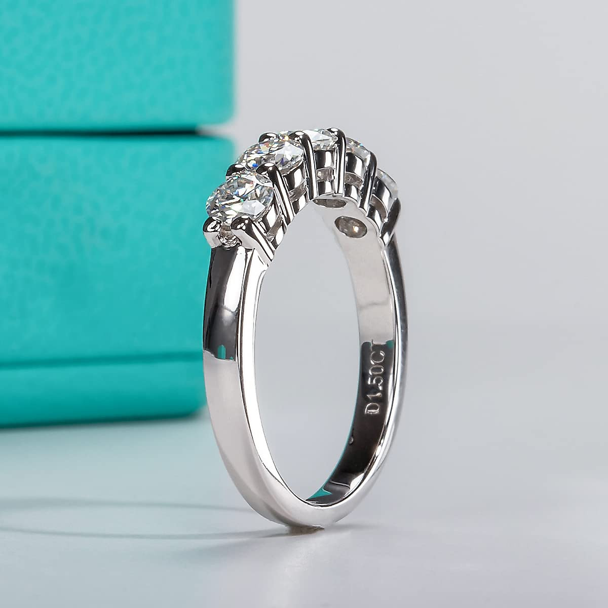 AnuClub 5 Stone Moissanite Ring 1.5cttw D Color Lab Diamond Gold Plated Silver Half Eternity Anniversary Wedding Band Ring With Certificate