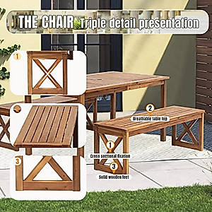 PayLessHere 3 Piece Acacia Wood Outdoor Dining Table and Bench Set Patio Bench Dining Table Outdoor Wooden Table & Bench Set for Backyard,Patio,Garden Outdoor Lounge Furniture,Nature