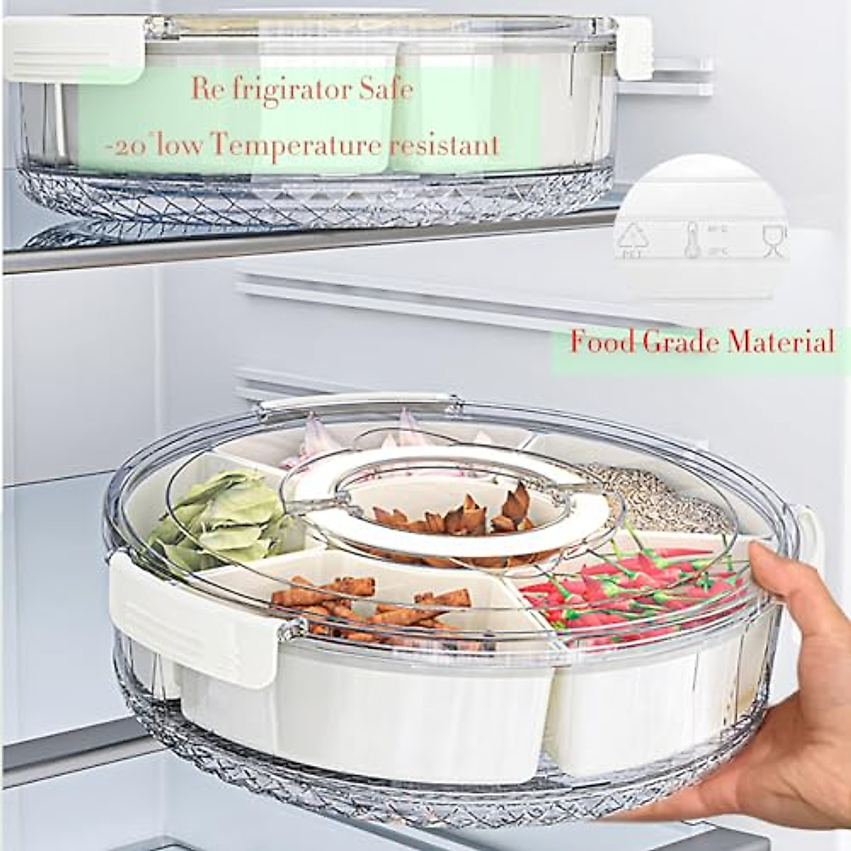 HINIHAO Divided Serving Tray with Lid and Handle, Removable Divided Platter Food Storage Containers with 6 Compartment, Small Boxes for Onion, Ginger, Garlic, Cherry (Divided Serving Tray-B)