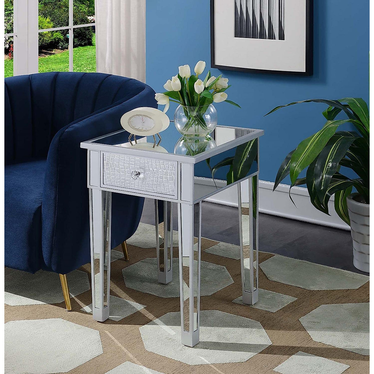 Convenience Concepts Gold Coast Mirrored End Table with Drawer, Silver / Silver Faux Croc