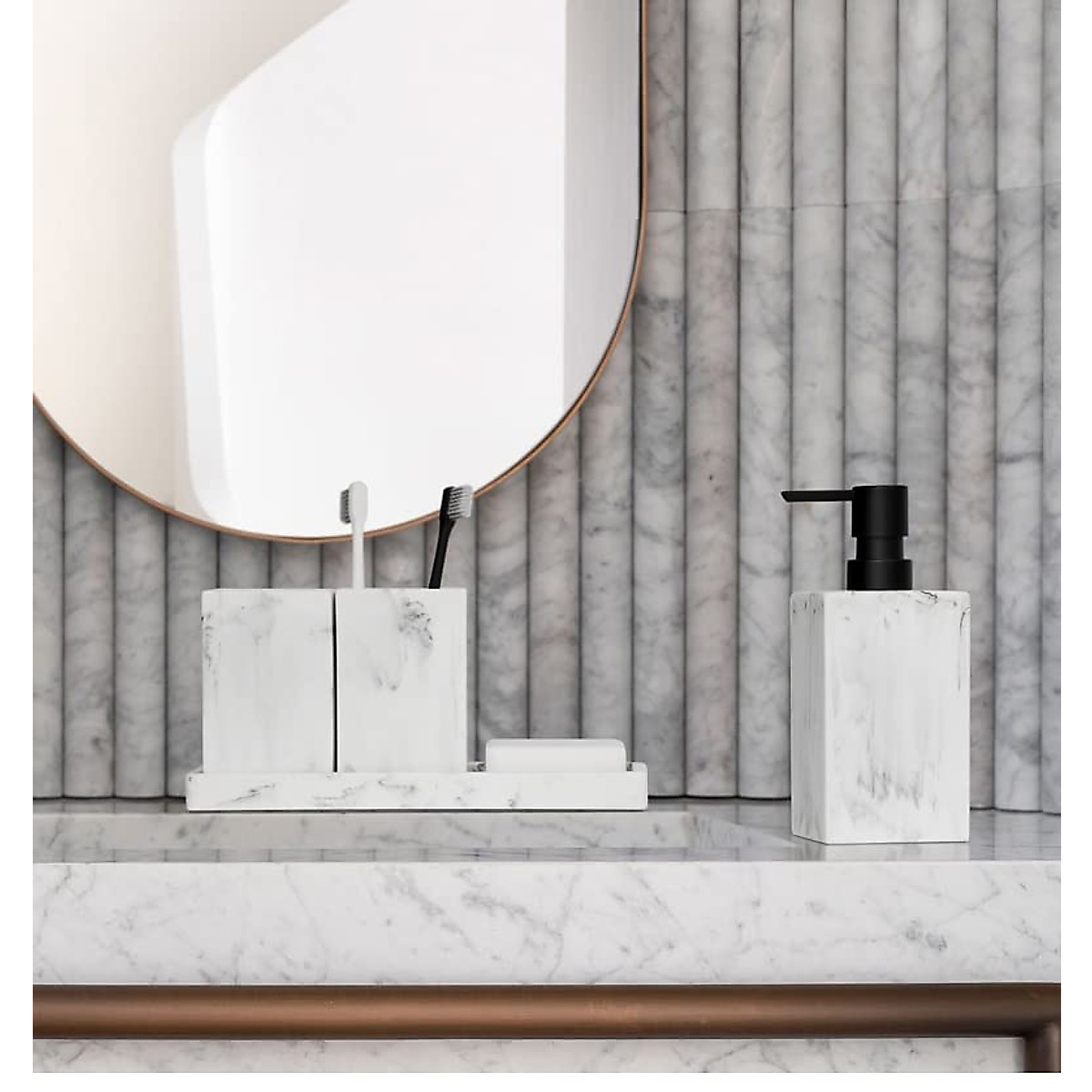 ZHANWANGJIAJU Bathroom Accessory Set Complete Vanity Top Decoration Set Marble Pattern Lotion Dispensing Soap Dispenser, Toothbrush Holder, Soap Pump, Tray (White)