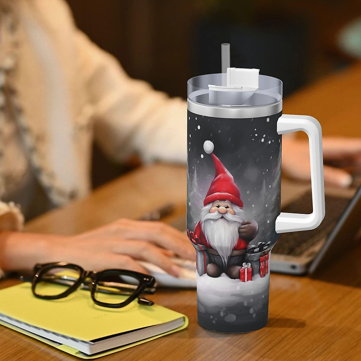 deaokluy 40 OZ Christmas Gnome Ice Bully Cup with Handle Straw Lid, Double Wall Stainless Steel Tumbler Travel Coffee Cup, Happy Christmas Insulation and Cooling Cup for Christmas Birthday Present