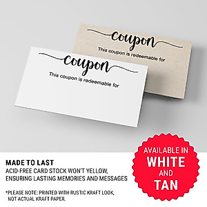321Done Blank Coupon Cards Tan, 3.5x2 (50 Pack) Made in USA, Little DIY Gift Certificate, Vouchers for Present, Holiday, Valentines Simple Redeemable For Design, Thick Paper, Space to Personalize