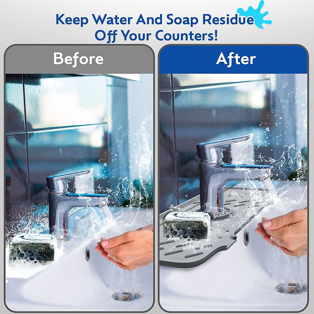 Kitchen Faucet Silicone Handle Drip Catcher Mat, Water Trey, Sink Splash Guard, Draining Pad Faucet, Protector Countertop, Drying Countertop Granite(Grey), 14.375 X 5.375 .375