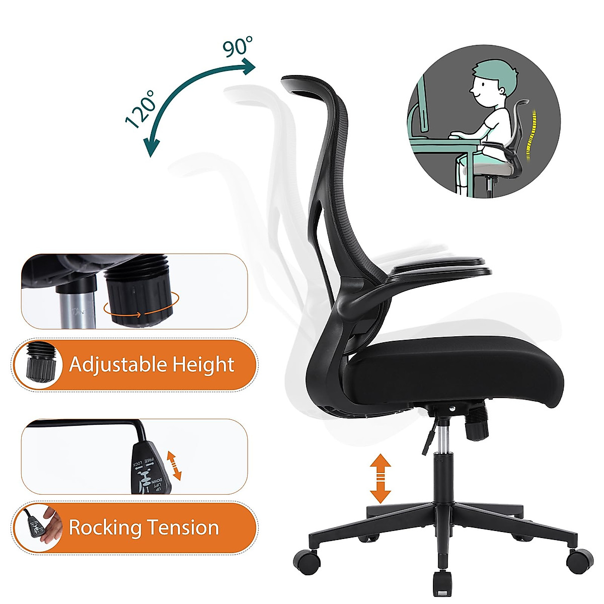 Office Chair, Ergonomic Desk Chair Computer Chair High Back Mesh Chair, Executive Home Office Chair with Flip-up Armrests, Lumbar Support, Backrest for Home Office