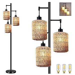 QIYIZM Floor Lamp for Living Room,Bedroom,3-Lights Boho Rattan Tree Floor Lights,Industrial Black Farmhouse Standing Lamp Wicker Rustic Adjustable Tall Lamp,Woven Bamboo LampShade Floor Lamps Bohemian