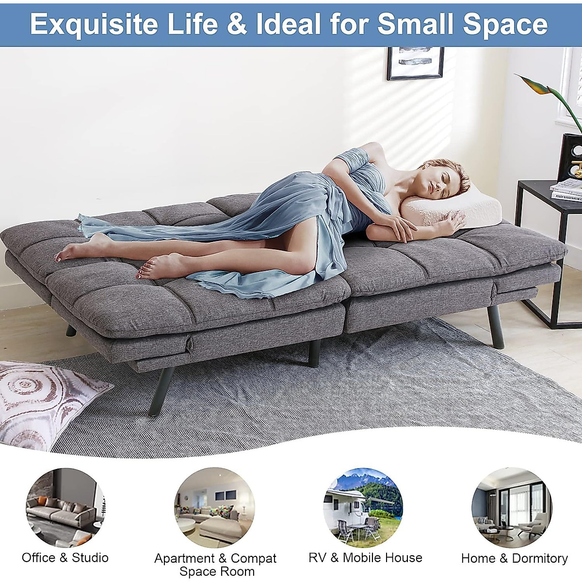 MUUEGM Futon Sofa Bed Couch Sleeper Convertible Memory Foam,Modern Love seat Daybed,Adjustable Armrest Backrest for Living Room,Office,Small Space,Apartment,Dorm,71" Sofabed, Grey-New