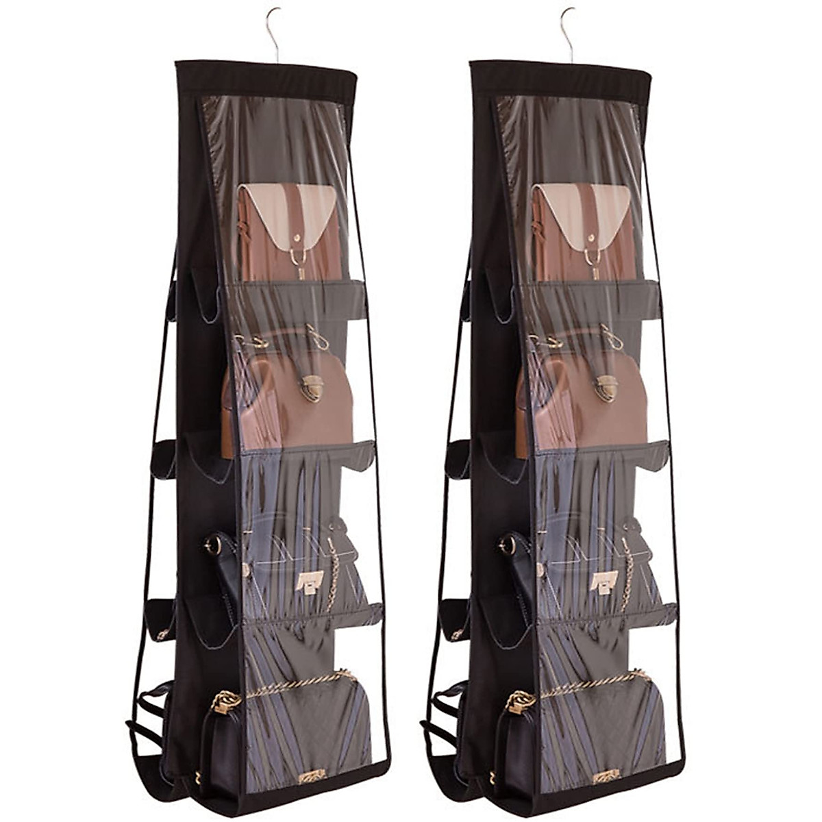 AARAINBOW 2 Packs Hanging Handbag Purse Organizer, Purse Bag Organizer Storage Hanging Bag Organizer for Closet Rack for Purses 8 Pockets Wardrobe Closet Space Saving, 41L*13.5W (B, 2 Black)