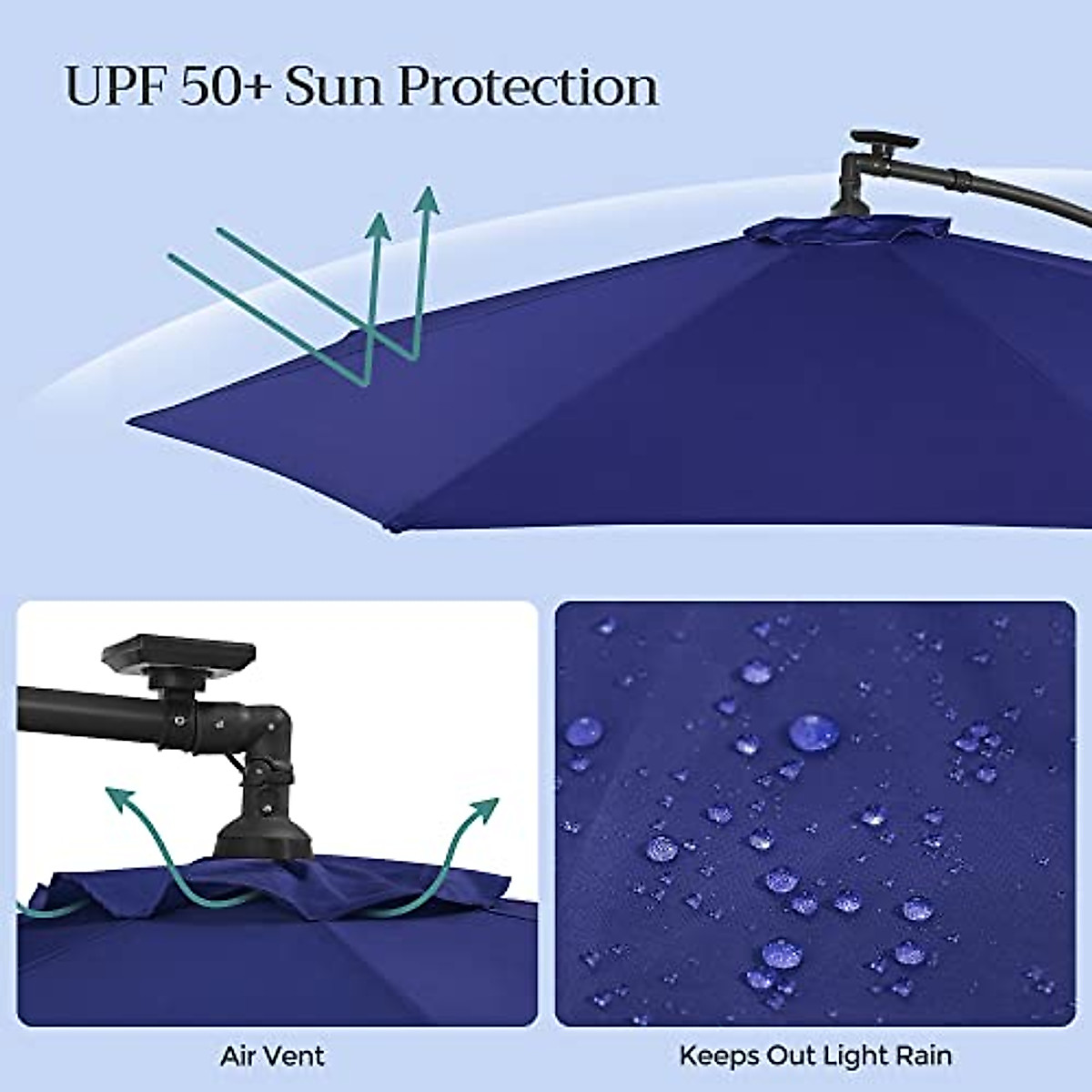 SONGMICS 10 ft Cantilever Patio Umbrella with Solar-Powered LED Lights, Outdoor Offset Umbrella with Base, Pool Garden Deck, Crank for Opening Closing, Water-Repellent, UPF 50+, Navy Blue UGPU118L01