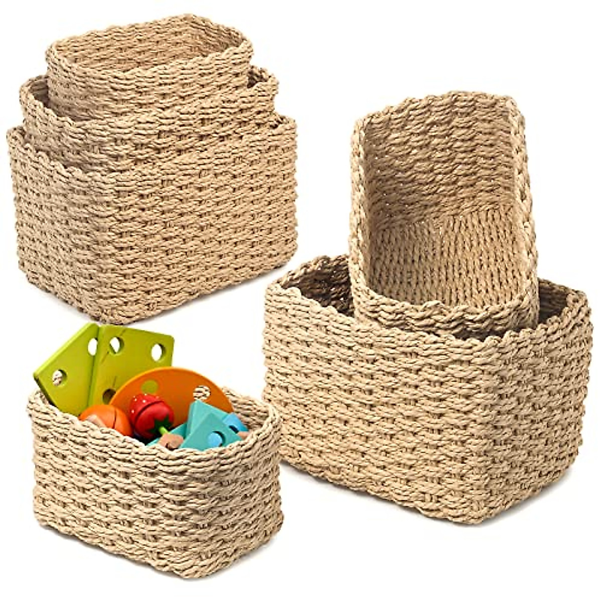 EZOWare Small Woven Paper Rope Storage Baskets, Set of 6 Soft Rectangular Decorative Container Box Bins for Baby, Kids, Closet, Nursery Room, Baskets for Gifts Empty - Beige, 3 Sizes