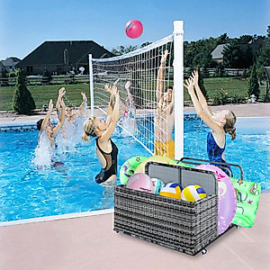 GAOMON Double Layer Poolside Float Storage,Outdoor Storage,Patio PE Rattan Outdoor Pool Caddy with Rolling Wheels for Floaties,Storage Basket,Poolside Float Storage,Beach-Sturdy & Movable,Grey