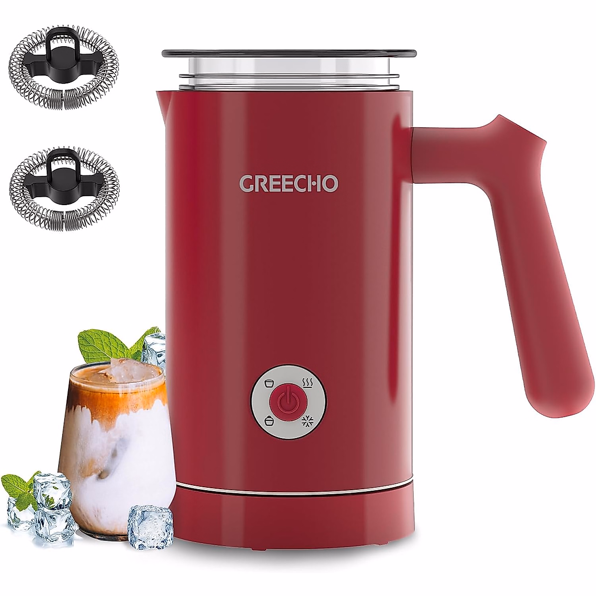 Milk Frother and Steamer, GREECHO 4 IN 1 Electric Milk Frother, 10.2oz/300ml Automatic Warm & Cold Milk Foamer for Coffee, Latte, Cappuccinos, Macchiato, Silent Operation & Automatic Shut-off (Red)