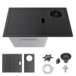 BULUBEE Black Stainless Steel Bar Sink with Glass Rinser, Single Bowl Kitchen Sink, Drop-in or Undermount (23"L x 15"W x 9"D)