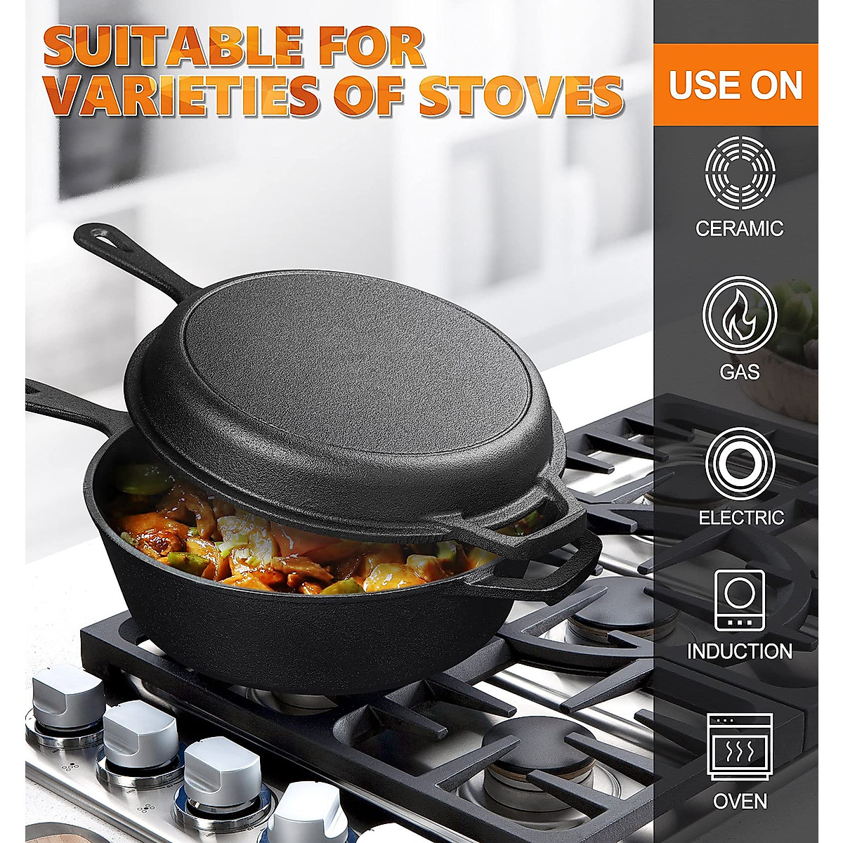 MICHELANGELO Cast Iron Skillet with Lid, 2-In-1 3 Qt Dutch Oven & 9.5" Skillet With Pre-seasoned Interior, Preseason Cast Iron Skillets with Lid, Cast Iron Skillets