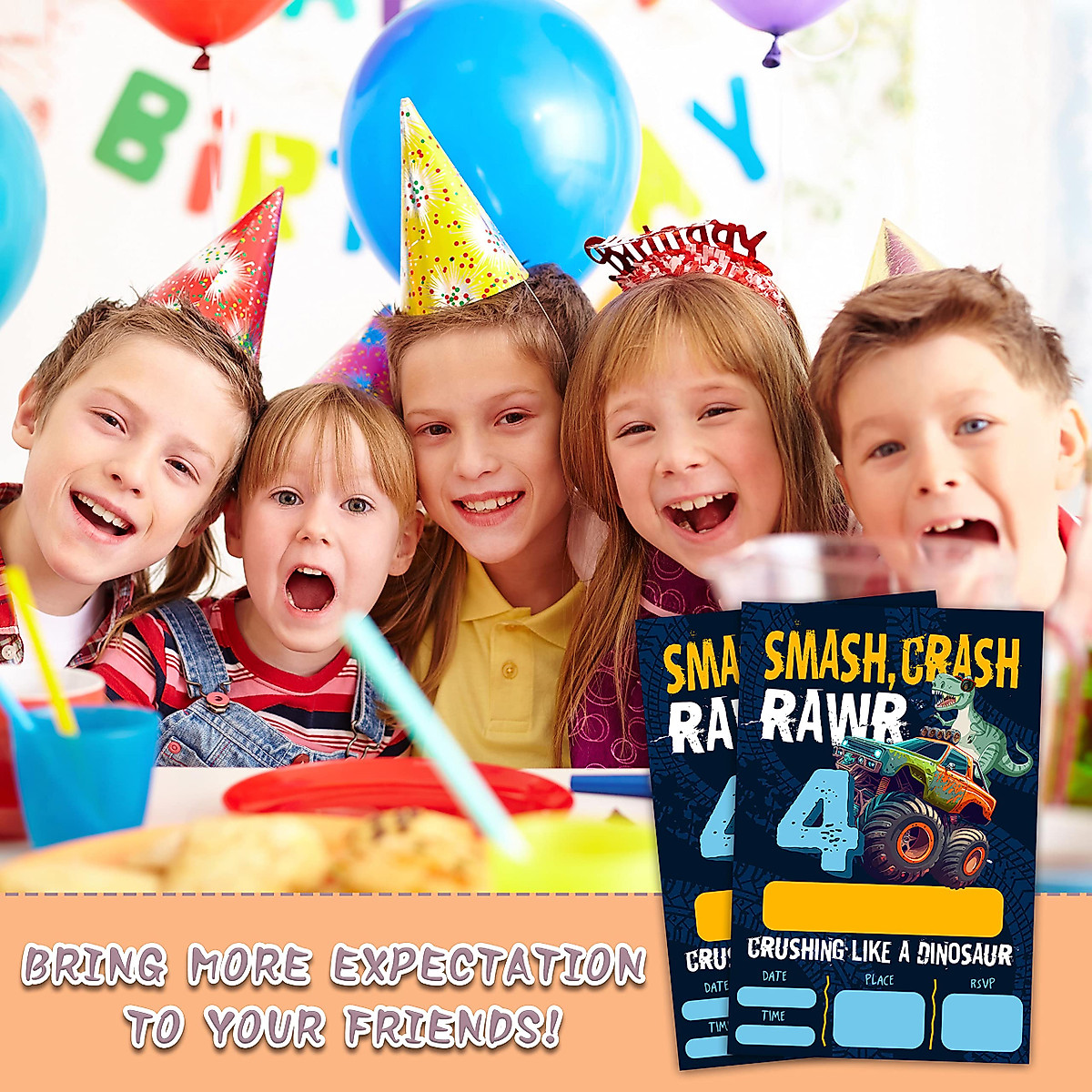 YQV Dinosaur Truck 4th Birthday Party Invitations, 20-Count Dinosaur Birthday Party Invites With Envelopes-HBYQK-B29