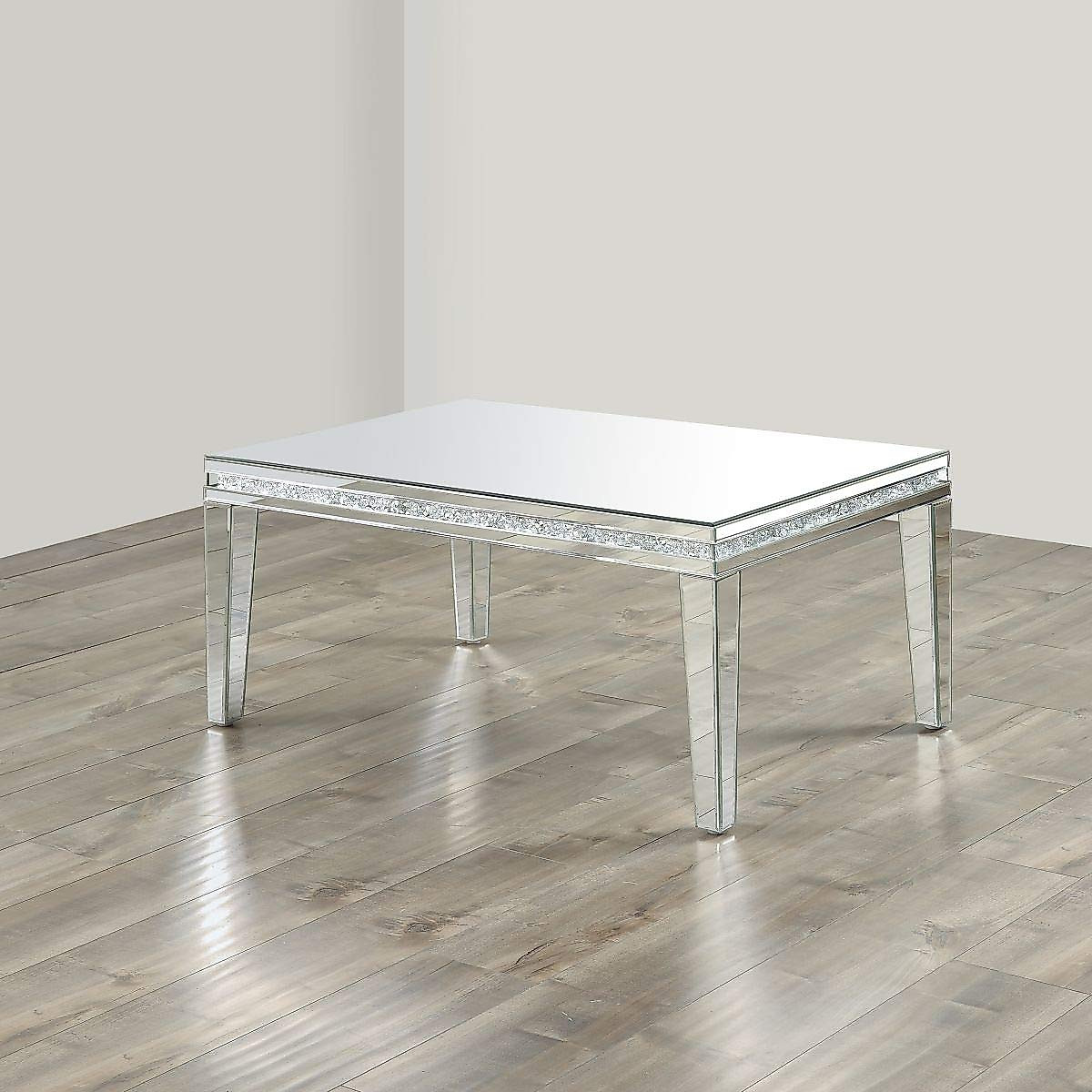 MIREO Coffee Table Mirrored with Crystal Inlay Surface, Rectangle Silver Accent Table, Modern Design Luxury Contemporary Furniture, Partially Assembled for Living Room from Furniture (Mireo-01)