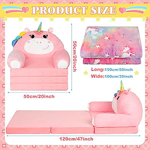 Burbell Toddler Chairs Comfy Toddler Couches That Fold Out with Blanket 2-in-1 Kids Fold Out Couch Velvet Toddler Couch Foldable Chairs for Toddlers Convertible Sofa to Lounger(Pink,Unicorn)