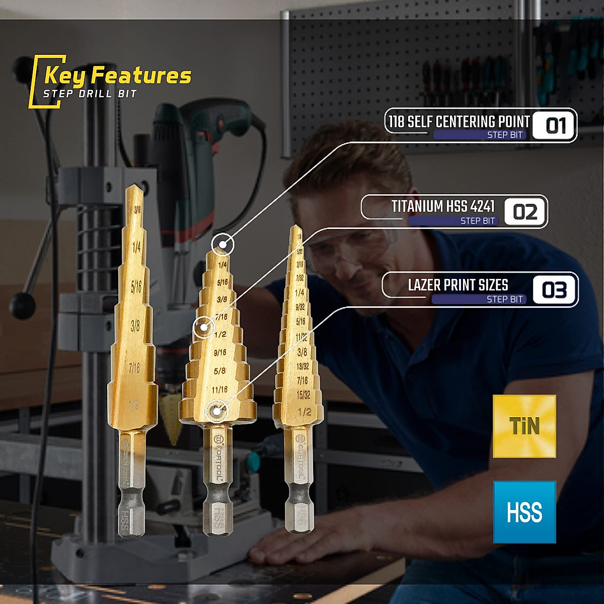 Step Drill Bit for Metal, Step Drill Bit, CORTOOL 3PCS Titanium Unibit Step Drill Bit Set, High Speed Steel Step Drill Bit HSS Quick Change 1/4" Shank,Total 28 Sizes 3/16" -1/2",1/4"-3/4",1/8"-1/2"