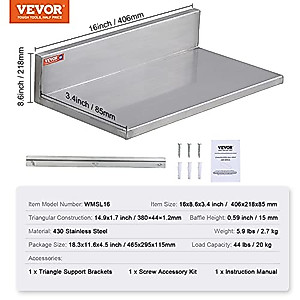 VEVOR 8.6" x 16" Stainless Steel Shelf, Wall Mounted Floating Shelving with Backsplash, 44 lbs Load Capacity Commercial Shelves, Heavy Duty Storage Rack for Restaurant, Kitchen, Bar, Home, and Hotel