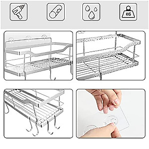 Carwiner Shower Caddy Bathroom Shelf 2-Pack, Basket with 8 Hooks for Hanging Shampoo Conditioner, SUS304 Stainless Steel Rack Wall Mounted Storage Organizer for Kitchen, No Drilling (Silver)