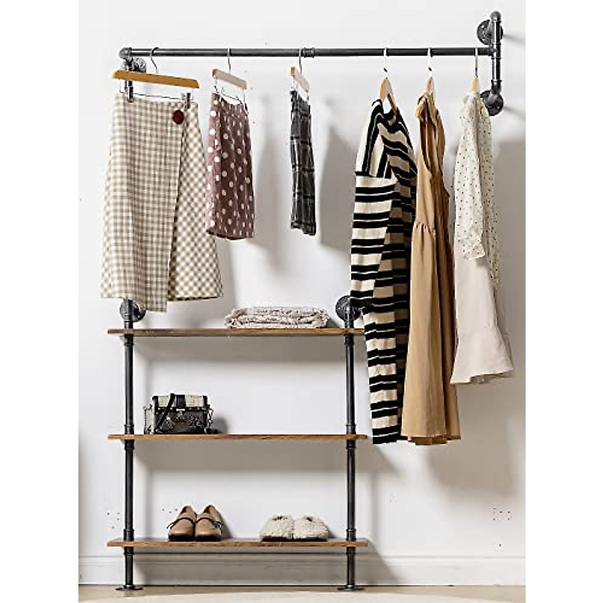 Industrial Pipe Clothing Racks with Shelves, Wall Mounted Wood Clothes Racks, Heavy Duty Iron Pipe Garment Racks for Hanging Clothes, Industrial Retro Steampunk Closet Organizer for Home Retail Store