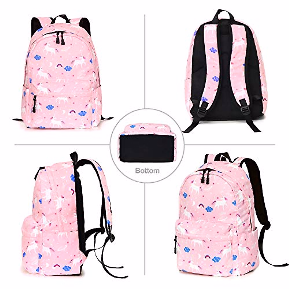 Junlion Dream Unicorn School Bag Kids 3-in-1 Bookbag Set, Laptop Backpack Lunch Bag Pencil Case Gift for Teen Girls Womens (Pink)