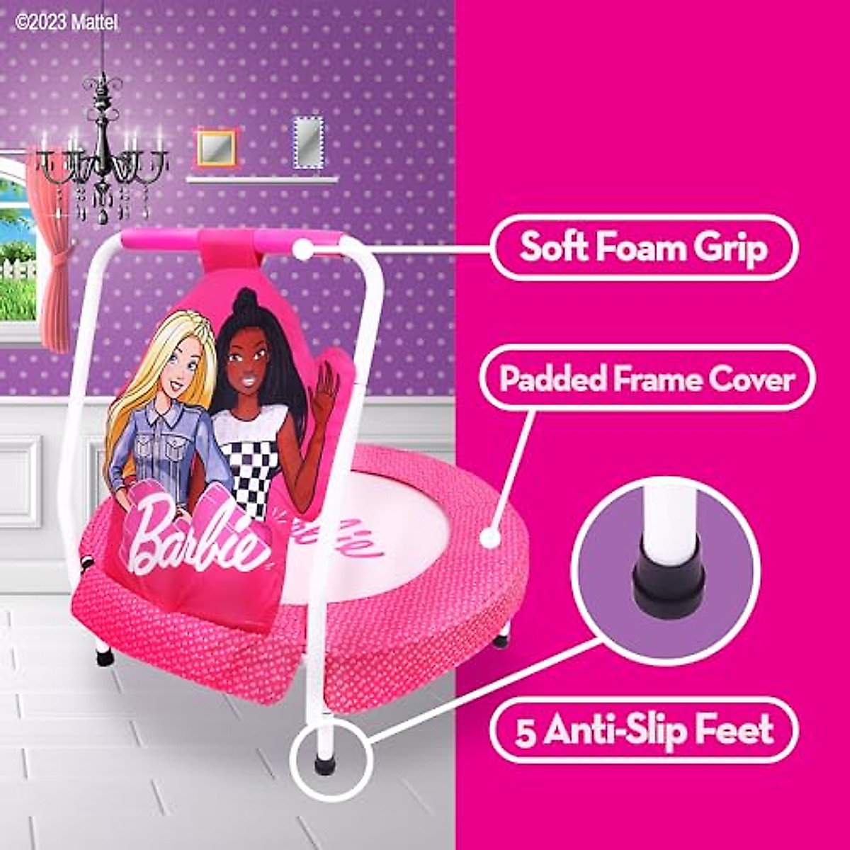 Barbie Hearts Mini Trampoline, Indoor Kids Trampoline for Toddlers with Handle, Featuring Barbie and Friends