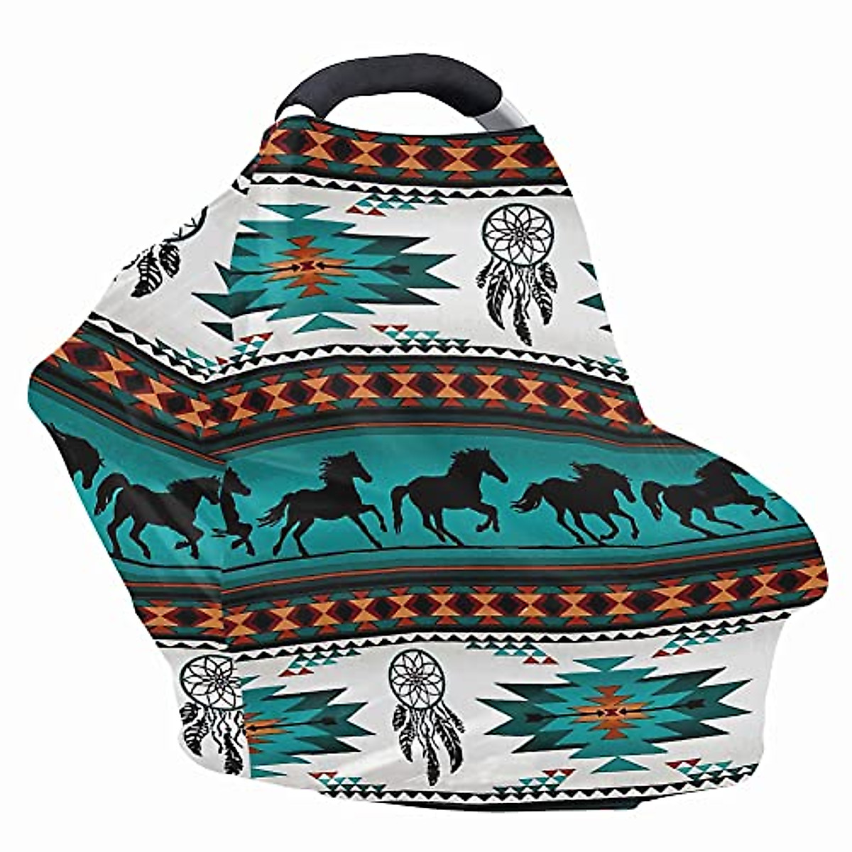 JOAIFO Aztec American Native Horse Print Nursing Cover Blue and White Tribal Baby Stroller Canopy Cover