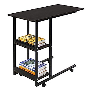 Desk Movable Office with Wheels Two Shelves Wood Sofa Side Table Slide | Black