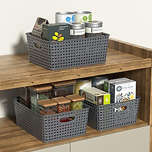 Kekow 4-Pack Gray Plastic Storage Basket, Pantry Woven Plastic Storage Basket