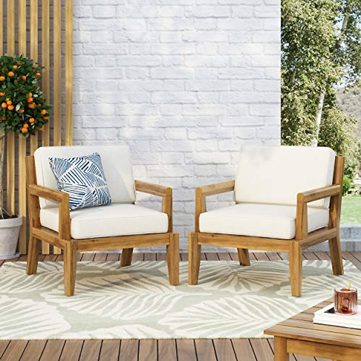 Christopher Knight Home Rossville Outdoor Club Chairs, Teak Finish + Beige