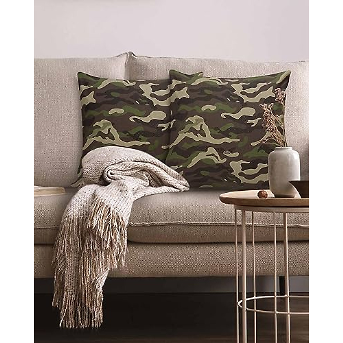 applebless Set of 2 Throw Pillow Covers Square for Home Decor, Army Green Desert Camo 18x18 Inch Cotton Reversible Pillow Case Sofa Soft Cushion Cases for Bedroom Couch Bed Car Chair